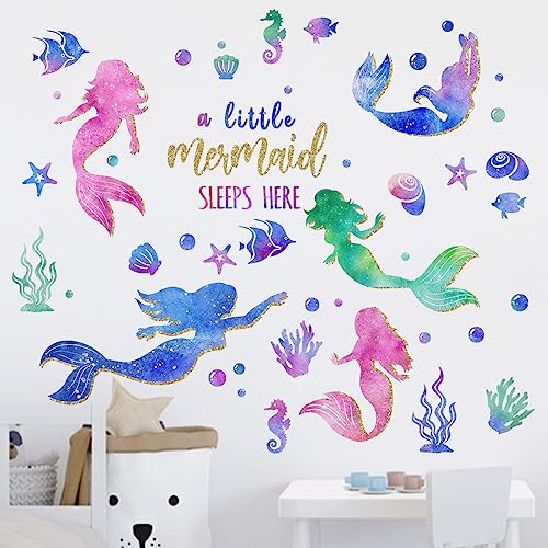 Yovkky Baby Girls Mermaid Wall Decals Stickers, Under The Sea Ocean Creatures Fish Conch Bubble Glitter Nursery Kids Room Crib Decor, A Little Mermaid Sleeps Here Home Decorations Bedroom Art