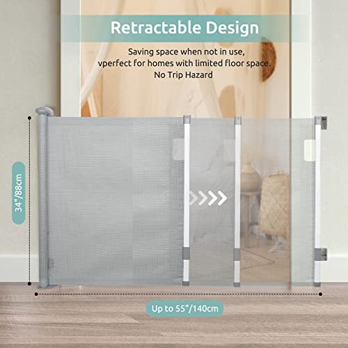 Retractable Safety Gate for Baby and Pets 34" Tall, Extends to 55" Wide，Mesh Child Gate for Stairs,Doorways, Hallways,Gray