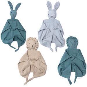 tudomro 4 pcs organic cotton muslin lovey blanket muslin loveys for babies, bunny lion soft breathable security blanket lovies for babies, baby gifts for boys girls (gray, khaki, dark green, teal)