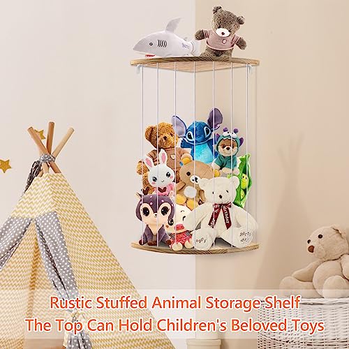 Stuffed Animal Storage Corner Mounted Wood Soft Toy Shelf, Hanging Toy Organizer, Plush Toys Holder, Length Adjustable Soft Toy Large Storage Organization for Nursery Play Room Bedroom Kid Room