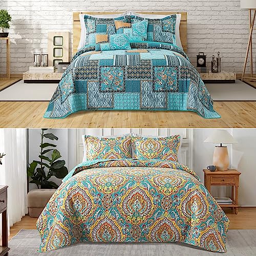 VAPUTAR Cotton King Quilt Sets + Microfiber Paisley King Quilt Sets 2 Pack