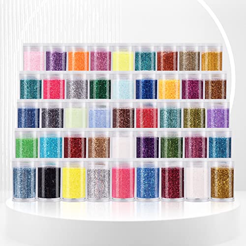 Pack of 45 Colors Iridescent Fine Glitter,Licool Extra Fine Holographic Glitter for Epoxy Resin DIY Craft,Nail Art,Body Hair Face Make up Glitter Powder,Slime Candle Tumbler Making Metalic Glitter