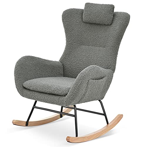 Kvutx Rocking Chair Nursery with High Back, Glider Armchair with Padded Cushion and Headrest Pillow, Modern Rocker Chairs for Living Room/Bedroom/Baby Room