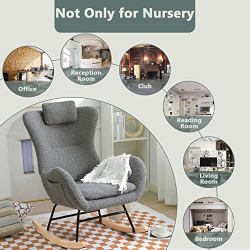 Kvutx Rocking Chair Nursery with High Back, Glider Armchair with Padded Cushion and Headrest Pillow, Modern Rocker Chairs for Living Room/Bedroom/Baby Room