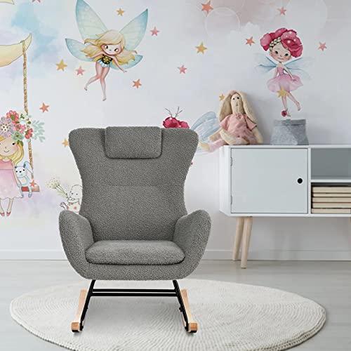 Kvutx Rocking Chair Nursery with High Back, Glider Armchair with Padded Cushion and Headrest Pillow, Modern Rocker Chairs for Living Room/Bedroom/Baby Room