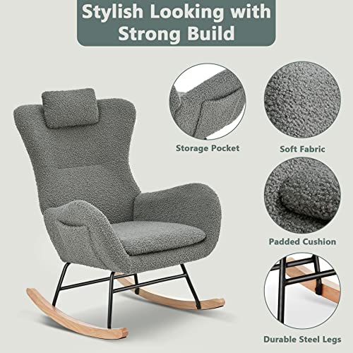 Kvutx Rocking Chair Nursery with High Back, Glider Armchair with Padded Cushion and Headrest Pillow, Modern Rocker Chairs for Living Room/Bedroom/Baby Room