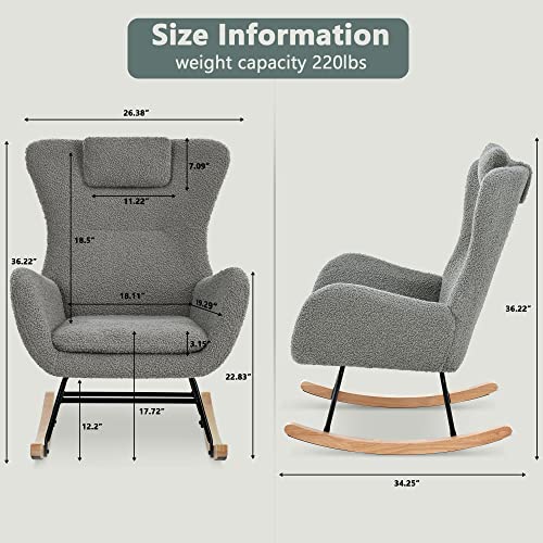 Kvutx Rocking Chair Nursery with High Back, Glider Armchair with Padded Cushion and Headrest Pillow, Modern Rocker Chairs for Living Room/Bedroom/Baby Room