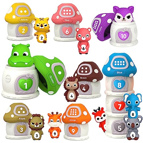 20PCS Farm Animal Toys Toddler Toys Age 1-2 2-4, Montessori Toys for 1 Year Old Finger Puppets and Mushroom Houses Learning Toys, Counting, Matching, Sorting & Stacking Toys, Baby Gifts for Girls Boys