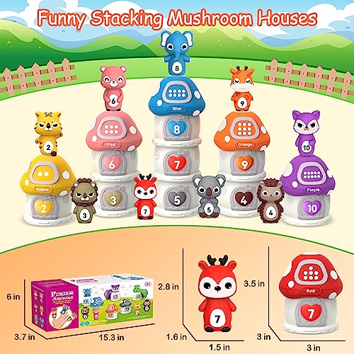 20PCS Farm Animal Toys Toddler Toys Age 1-2 2-4, Montessori Toys for 1 Year Old Finger Puppets and Mushroom Houses Learning Toys, Counting, Matching, Sorting & Stacking Toys, Baby Gifts for Girls Boys