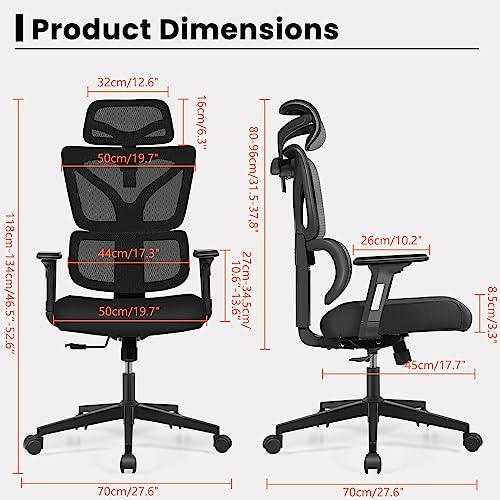 Razzor Office Chair Ergonomic Computer Desk Chair Upgrade Adjustable Lumbar Support, Breathable Mesh Gaming Chair with 3D Arms and Headrest Swivel High Back Executive Chairs