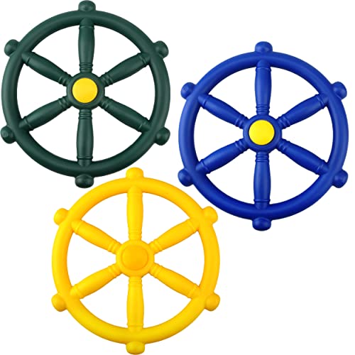 Rcanedny 3 Pack Playground Steering Wheel Swingset Steering Wheel Pirate Ship Steering Wheel Toys for Kids Outdoor Playground Ship Playhouse Treehouse Decor (Blue,Green,Yellow)