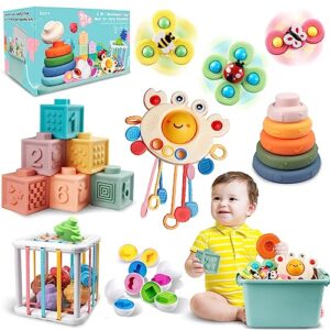 baby toys for 6 to 12 months, montessori toys for babies, sensory bins toys for toddlers 1-3, pull string teether infants bath toys 6 in 1 stacking blocks rings, matching eggs, suction cup spinner toy