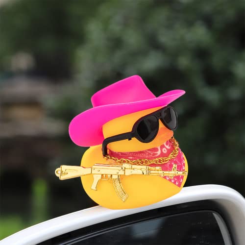 wonuu Car Rubber Duck Decoration, West Cowboy Duck Car Dashboard Decoration Accessories with Mini Swim Ring Cowboy Hat Scarf and Sunglasses(A_Pink Sunglass Cowboy hat