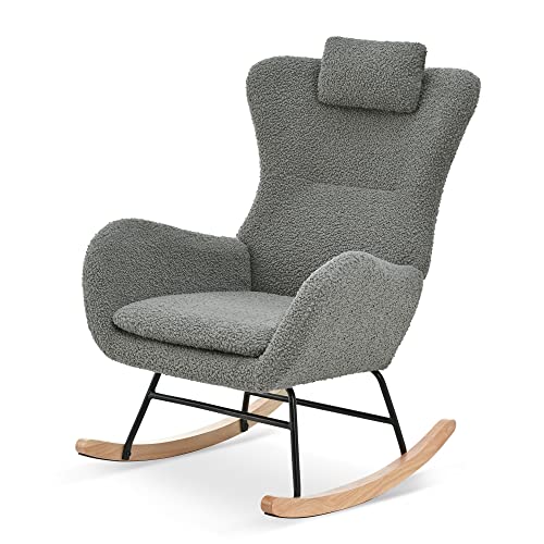 BOSTANA Rocking Chair Nursery,Wood Teddy Upholstered Rocker Chair with Adjustable High Backrest,Soft Armrests and Movable Headrest, Accent Glider Armchair for Living Room, Bedroom,Lounge (Gray)