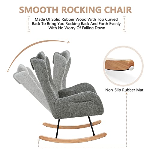 BOSTANA Rocking Chair Nursery,Wood Teddy Upholstered Rocker Chair with Adjustable High Backrest,Soft Armrests and Movable Headrest, Accent Glider Armchair for Living Room, Bedroom,Lounge (Gray)