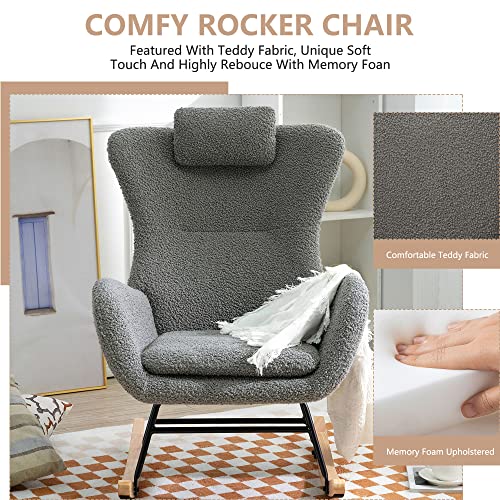 BOSTANA Rocking Chair Nursery,Wood Teddy Upholstered Rocker Chair with Adjustable High Backrest,Soft Armrests and Movable Headrest, Accent Glider Armchair for Living Room, Bedroom,Lounge (Gray)