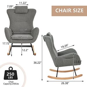 BOSTANA Rocking Chair Nursery,Wood Teddy Upholstered Rocker Chair with Adjustable High Backrest,Soft Armrests and Movable Headrest, Accent Glider Armchair for Living Room, Bedroom,Lounge (Gray)