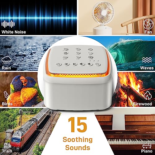 White Noise Machine, Symoode Rechargeable Sound Machines with Warm Night Light for Sleeping, 15 Non Looping Natural Soothing Sounds, Timer & Memory Feature, Portable Sleep Sound Machine for Adults