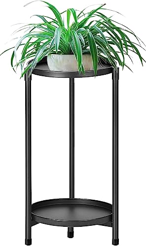 Plant Stand Indoor Outdoor 2 Tier Metal Plant Shelf Rack for Plants Multiple Tiered Flower Pot Stands Holder - Small Iron Potted Planter Shelves for Patio Corner Balcony Garden - Black, 2ft Tall