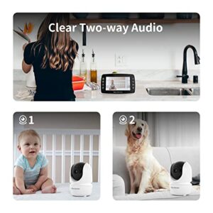 IKQIEOR Baby Monitor with 2 Cameras, 4.3" LCD Split-Screen Video Baby Monitor with Camera and Audio NO WiFi, Remote Pan/Tilt/Zoom, Auto Night Vision,Two-Way Talk,Temperature Sensor,VOX Mode, Lullabies