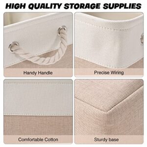 Storage Bins 3 Pack, Fabric Storage Basket for Collapsible Large Canvas Storage Baskets for Organizing Shelf Nursery Home Closet with Cotton Rope Handle (White&Khaki-15(L) x 11(W) x 9.5(H) in-3PCS)