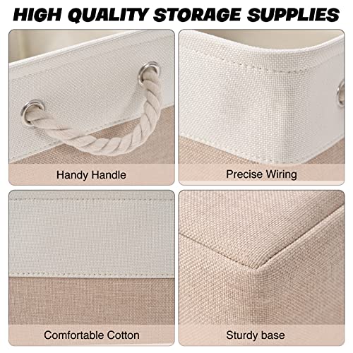 Storage Bins 3 Pack, Fabric Storage Basket for Collapsible Large Canvas Storage Baskets for Organizing Shelf Nursery Home Closet with Cotton Rope Handle (White&Khaki-15(L) x 11(W) x 9.5(H) in-3PCS)