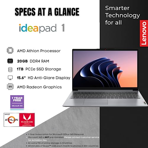 Lenovo IdeaPad, 20GB RAM, 1TB SSD, AMD Dual-core Processor, 15.6 Inch HD Anti-Glare Display, Long Battery Life Up to 9.5Hr, HDMI, SD Card Reader, Windows 11, 1 Year Microsoft 365