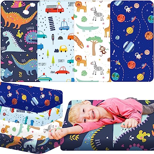 Mixweer 4 Pcs Daycare Crib Sheets for Toddler and Preschool 19 x 45 Inches Nap Mat Sheet for Boys Soft Breathable Nap Pad Cover Standard Daycare Cot Bed Fitted Sheet