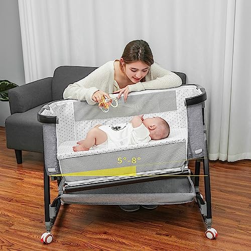 Baby Bassinet Bedside Sleeper, Bedside Bassinet for Newborn Infant with Comfy Mattress and Mosquito Net, 6 height adjustment Bedside Crib with 360° Swivel Wheels, Bassinet Sleeper with Storage Basket