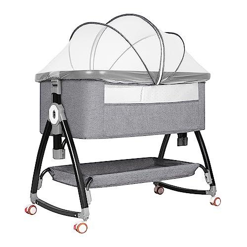 Baby Bassinet Bedside Sleeper, Bedside Bassinet for Newborn Infant with Comfy Mattress and Mosquito Net, 6 height adjustment Bedside Crib with 360° Swivel Wheels, Bassinet Sleeper with Storage Basket