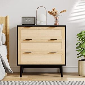 3 Drawer Dresser for Bedroom, Chests of Drawers, Black Dresser Organizer for Closet, Modern Dresser and Nightstand Sets, Rattan Storage Drawer, Living Room, Hallway, Entryway (Wood)