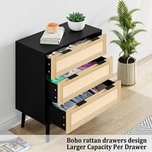 3 Drawer Dresser for Bedroom, Chests of Drawers, Black Dresser Organizer for Closet, Modern Dresser and Nightstand Sets, Rattan Storage Drawer, Living Room, Hallway, Entryway (Wood)