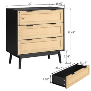 3 Drawer Dresser for Bedroom, Chests of Drawers, Black Dresser Organizer for Closet, Modern Dresser and Nightstand Sets, Rattan Storage Drawer, Living Room, Hallway, Entryway (Wood)