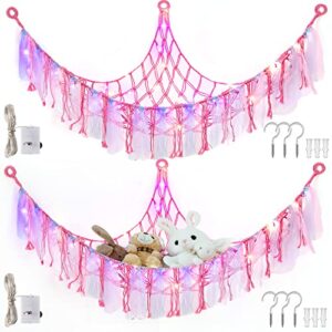 windyun 2 pcs stuffed animal storage hammock or net with led light stuffed hanging toy hammock mesh organizer holder doll room corner for kids room nursery playroom bedroom, pink