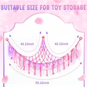 Windyun 2 Pcs Stuffed Animal Storage Hammock or Net with LED Light Stuffed Hanging Toy Hammock Mesh Organizer Holder Doll Room Corner for Kids Room Nursery Playroom Bedroom, Pink