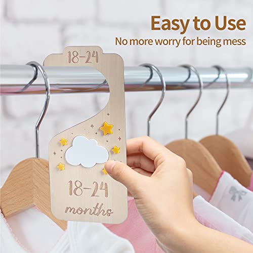 PDRYLY Baby Closet Dividers 7 Pcs，Beautiful Wooden Baby Closet Organizer from Newborn to 24 Months，Adorable Nursery Decor Hanger Dividers Easily Organize Your Baby Room