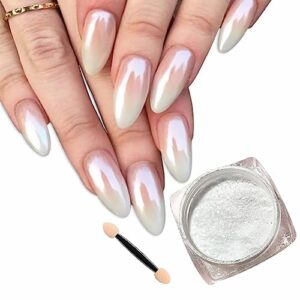 white pearl chrome nail powder, mirror effect pearlescent white nail art jewelry glitter powder metallic pigment for nails, magic nail powder fine & shiny holographic ice aurora dust nail powder