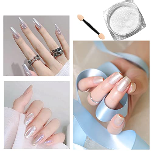 White Pearl Chrome Nail Powder, Mirror Effect Pearlescent White Nail Art Jewelry Glitter Powder Metallic Pigment for Nails, Magic Nail Powder Fine & Shiny Holographic Ice Aurora Dust Nail Powder