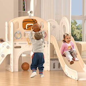 XJD 8 in 1 Toddler Slide, Kids Slide for Toddlers Age 1-3, Toddler Play Climber Slide Playset with Basketball Hoop and Ball,Toddlers Outdoor Indoor Playground (Beige Coffee)