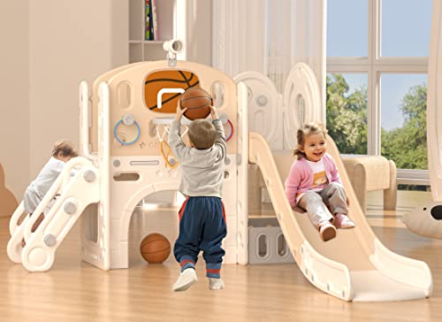 XJD 8 in 1 Toddler Slide, Kids Slide for Toddlers Age 1-3, Toddler Play Climber Slide Playset with Basketball Hoop and Ball,Toddlers Outdoor Indoor Playground (Beige Coffee)