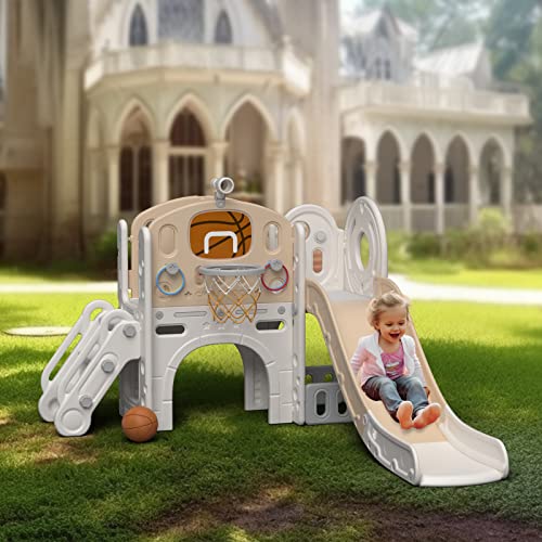 XJD 8 in 1 Toddler Slide, Kids Slide for Toddlers Age 1-3, Toddler Play Climber Slide Playset with Basketball Hoop and Ball,Toddlers Outdoor Indoor Playground (Beige Coffee)