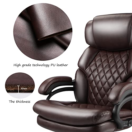 400lbs Big and Tall Office Chair Wide Spring Seat Executive Office Chair for Heavy People Home Office Desk Chair with Heavy Duty Casters 360 Swivel Chair High Back Computer PU Leather Chair (BROWN)