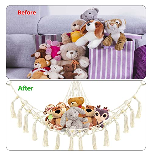 Large Macrame Stuffed Animal Hammock Hanging Net for Stuffed Animals Room Corner Organizer Plush Animal Storage for Kids Bedroom Nursery Boho Toy Hammock with Tassels Stuffed Animal Display Holder Net