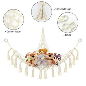 Large Macrame Stuffed Animal Hammock Hanging Net for Stuffed Animals Room Corner Organizer Plush Animal Storage for Kids Bedroom Nursery Boho Toy Hammock with Tassels Stuffed Animal Display Holder Net