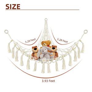 Large Macrame Stuffed Animal Hammock Hanging Net for Stuffed Animals Room Corner Organizer Plush Animal Storage for Kids Bedroom Nursery Boho Toy Hammock with Tassels Stuffed Animal Display Holder Net