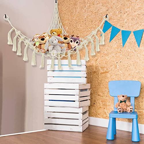 Large Macrame Stuffed Animal Hammock Hanging Net for Stuffed Animals Room Corner Organizer Plush Animal Storage for Kids Bedroom Nursery Boho Toy Hammock with Tassels Stuffed Animal Display Holder Net