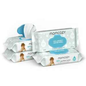 baby wipes, momcozy water wipes-extra large size design, 99% water based wipes & a drop of coconut extract, cleansing & moisturizing baby wipes for sensitive skin, unscented, 240 count (4 packs)