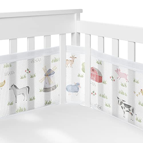 Sweet Jojo Designs + BreathableBaby Farm Animals Boy Girl Breathable Mesh Crib Liner Anti-Bumper Baby Infant Gender Neutral Watercolor Farmhouse Barn Horse Cow Sheep Chickens Nature Trees Gray Green