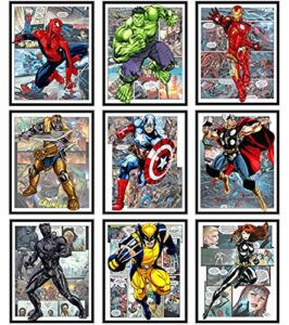 superhero posters for boys room - 8x10 inches set of 9 unframed - superhero wall art - superhero wall decor - superhero comics characters for boys room nursery kids rooms bedrooms toddlers teens bathrooms girls rooms by eom art & design