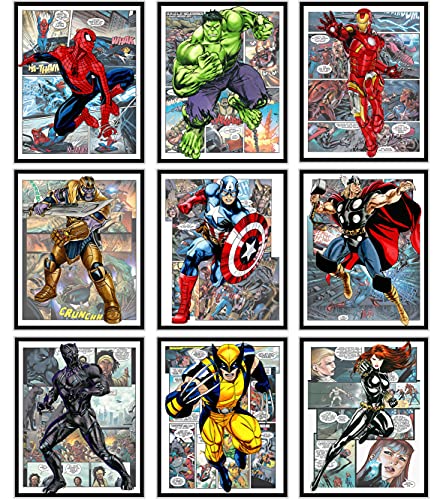 Superhero Posters for Boys Room - 8x10 Inches Set of 9 UNFRAMED - Superhero Wall Art - Superhero Wall Decor - Superhero Comics Characters for Boys Room Nursery Kids Rooms Bedrooms Toddlers Teens Bathrooms Girls Rooms by EOM Art & Design